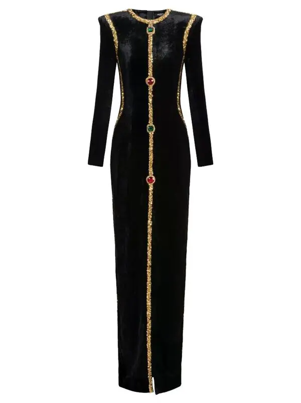 Balmain Embellished Velvet Maxi Dress - Black