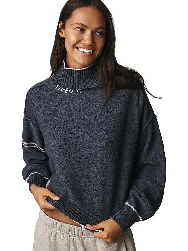 PILCRO Cashmere Blend Tipped Turtleneck Sweater - Navy