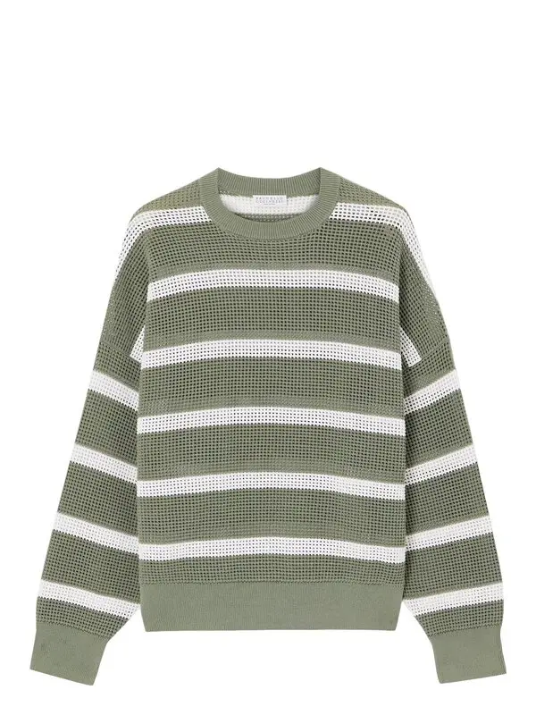 Brunello Cucinelli Striped Open-knit Cotton Sweater - Green