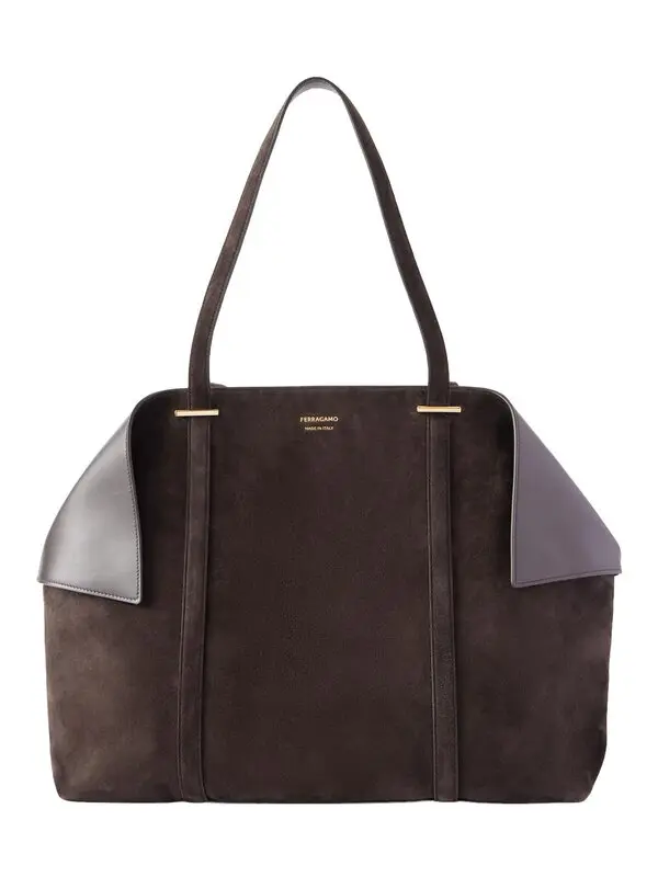 FERRAGAMO Scarf Suede Tote - Brown