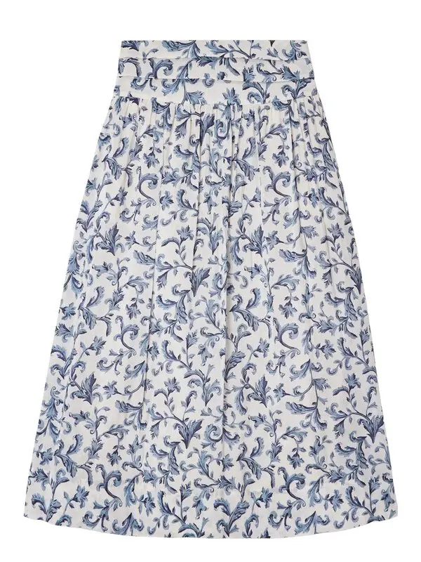 Posse Rue Pleated Printed Linen And Silk-blend Midi Skirt - Blue