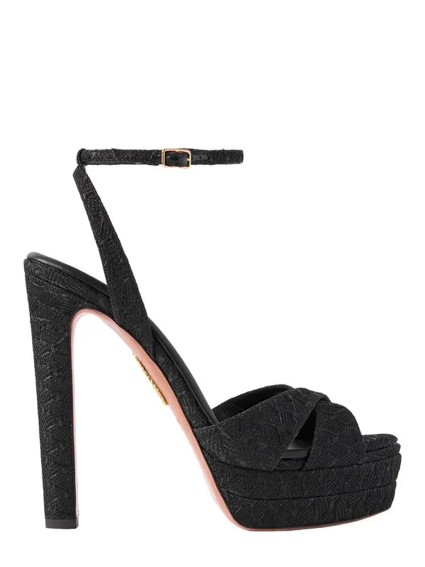 AQUAZZURA Divine Plateau 130 Metallic Woven Platform Sandals - Black