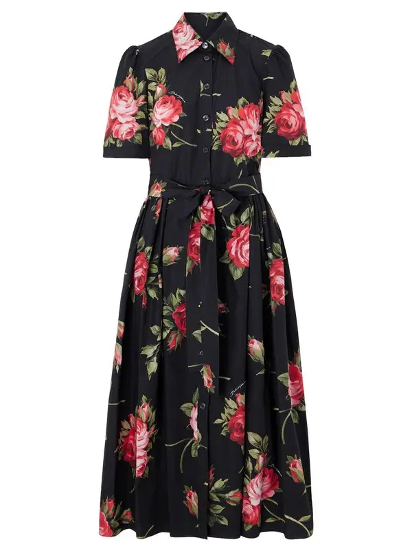 Dolce & Gabbana Belted Floral-print Cotton-poplin Midi Dress - Black