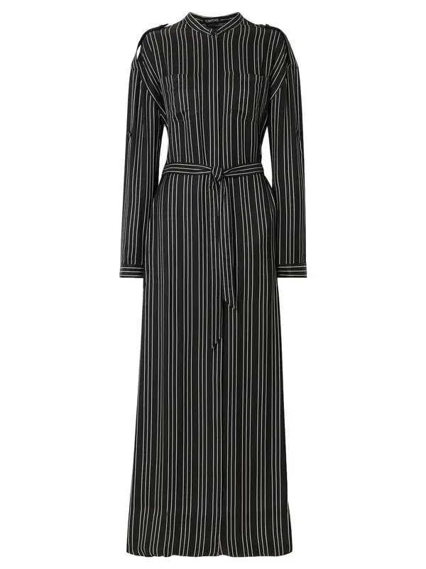 TOM FORD Belted Striped Silk-twill Maxi Dress - Black