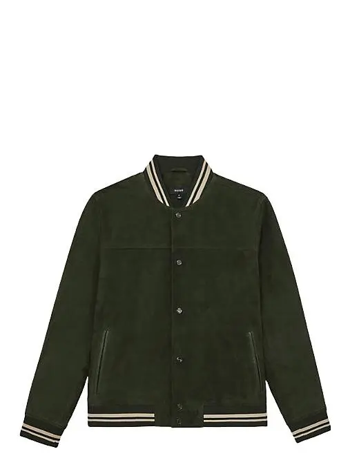 REISS Stripe-trim Suede Bomber Jacket - Forest Green