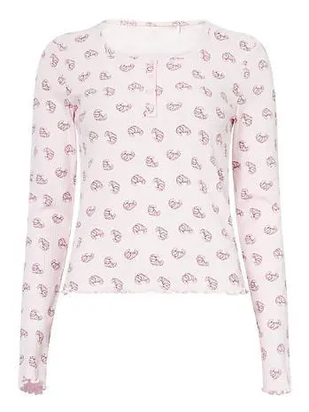 TALA Henley Long-sleeve Stretch-cotton Pyjama Top - Ballet Pink Printed