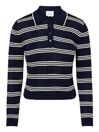 REFORMATION Hermia Striped Merino Wool Polo Top - Parmesan Navy Stripe