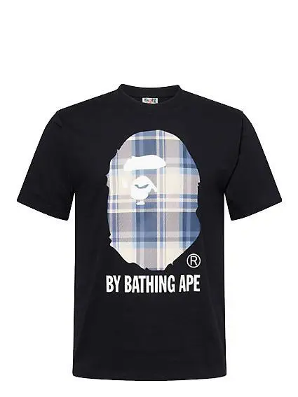A BATHING APE Checked Graphic-print Short-sleeve Cotton T-shirt - Black X Blue