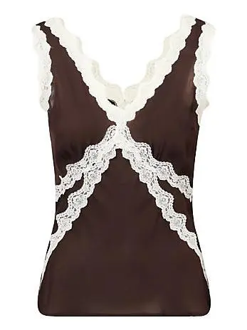 Paige Lace-trim Silk Top - Chocolate/ivory