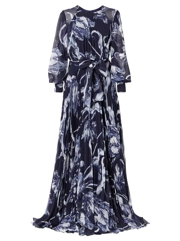 Erdem Belted Pleated Printed Chiffon Gown - Blue