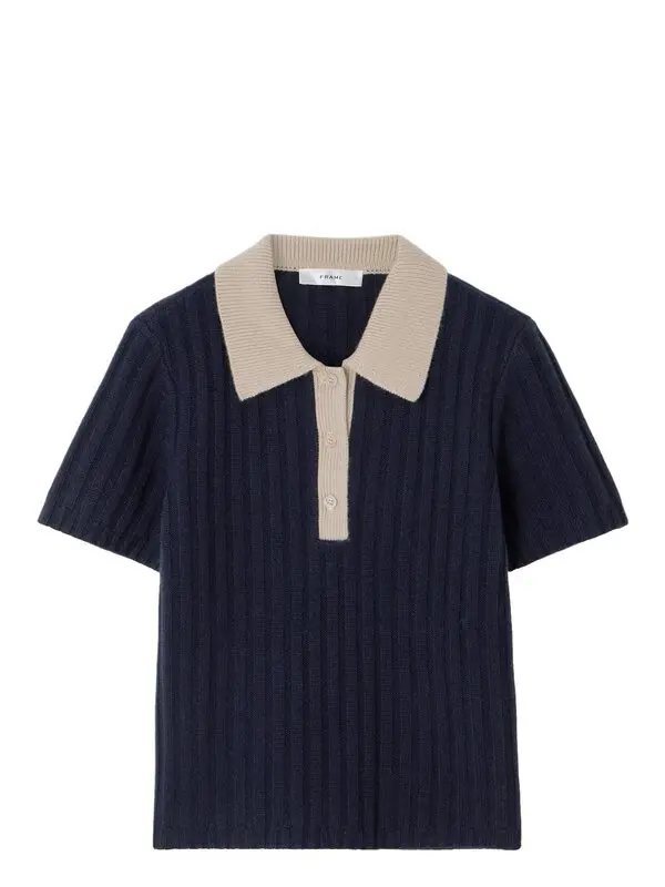FRAME Ribbed Cashmere Polo Shirt - Blue