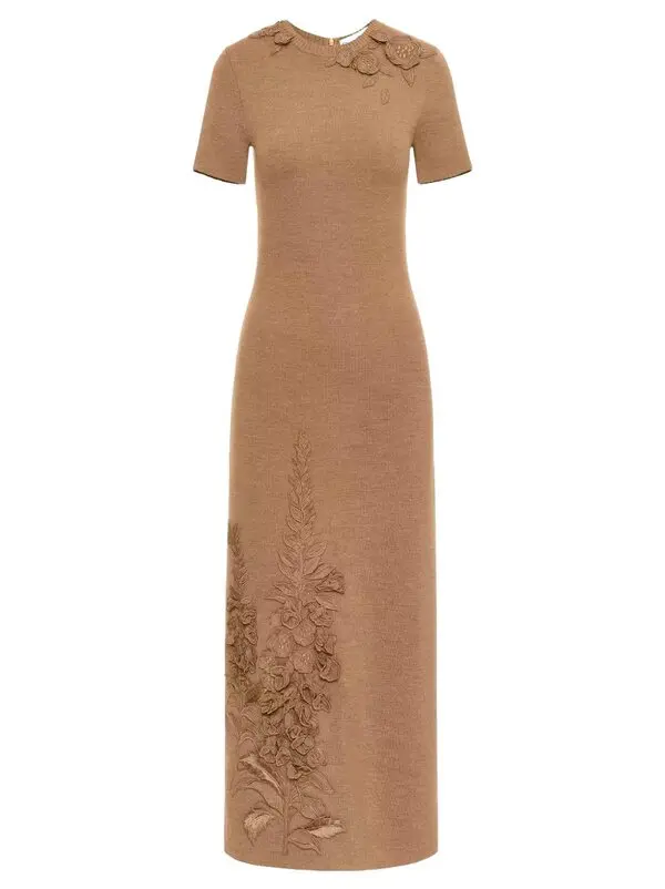 Oscar De La Renta Foxglove Embroidered Dress - Brown
