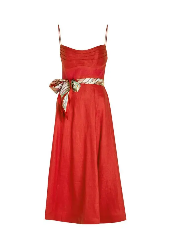 Zimmermann Rebellion Belted Linen Midi Dress - Red