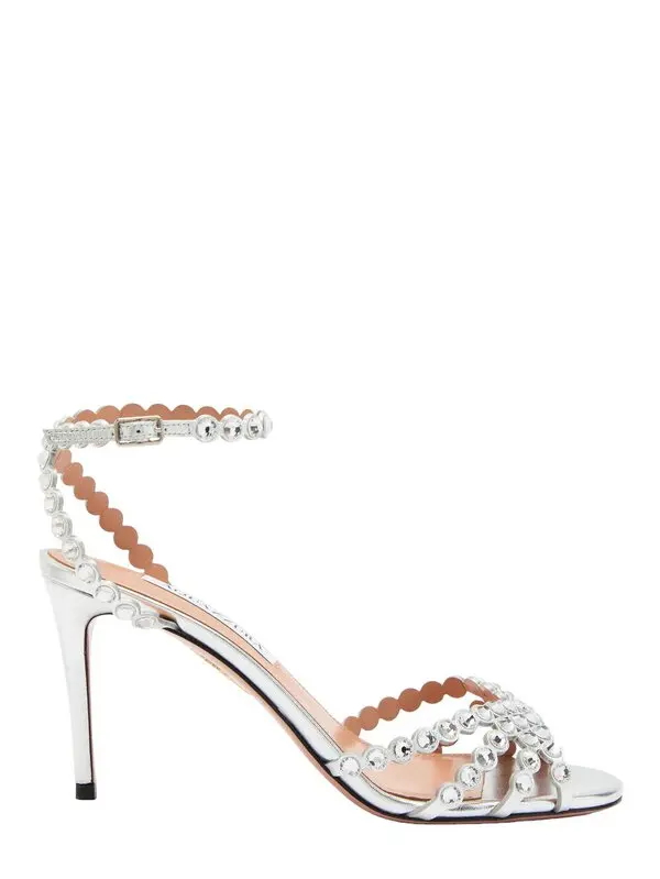 AQUAZZURA Tequila 85 Embellished Metallic Leather Sandals - Silver
