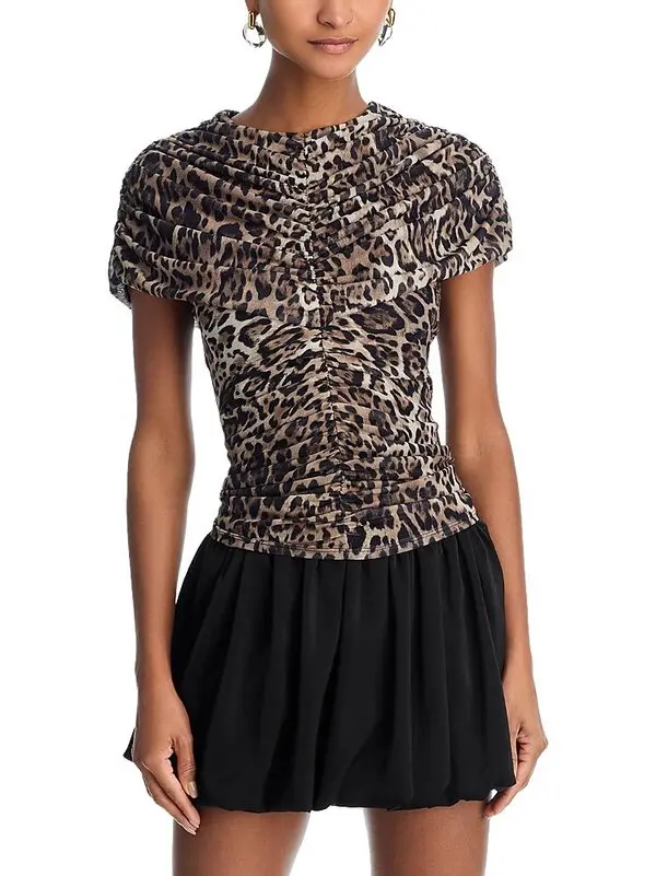 WAYF Beth Ruched Mesh Top - Leopard
