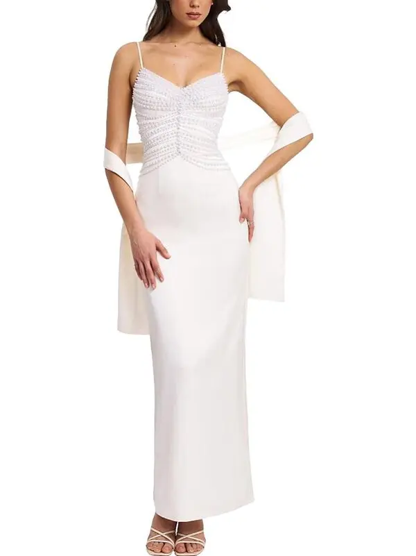 MISS CIRCLE Karmen Faux Pearl Gown With Scarf - White