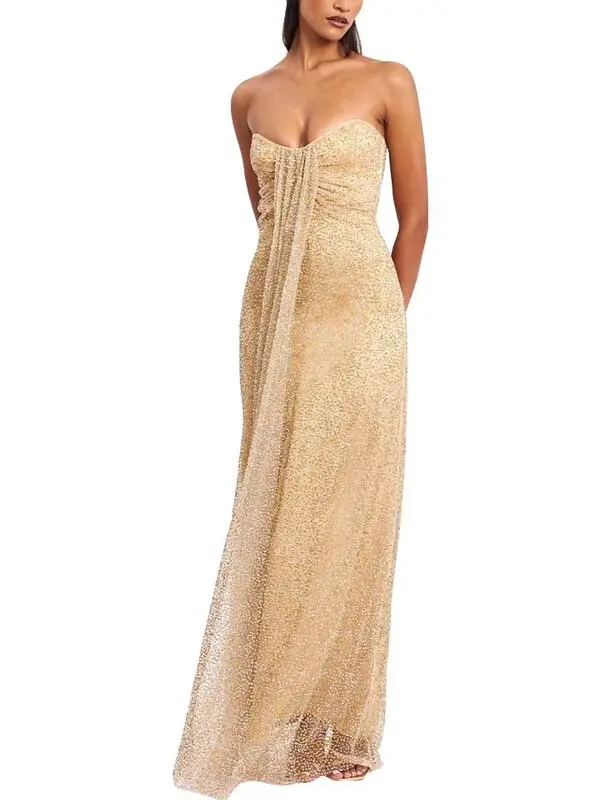 MISS CIRCLE Strapless Embellished Gown With Head Scarf - Gold