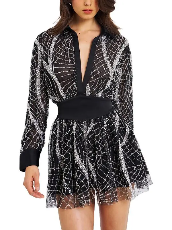 MISS CIRCLE Embroidered Mesh Mini Shirt Dress - Black
