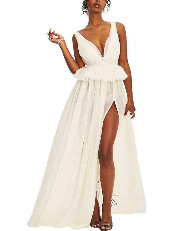 MISS CIRCLE Calleigh Beaded Belt Maxi Gown - Off White