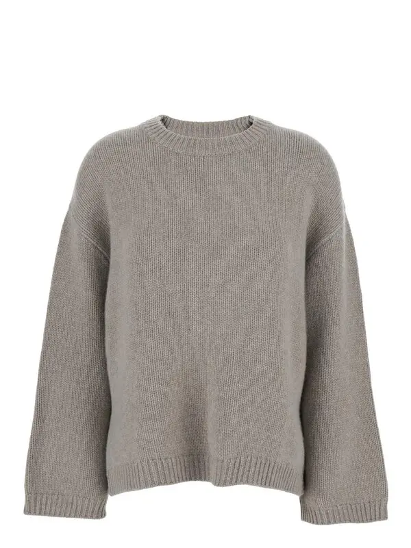Soft Goat Cashmere Knit Crewneck Sweater With Dropped Shoulders - Grey
