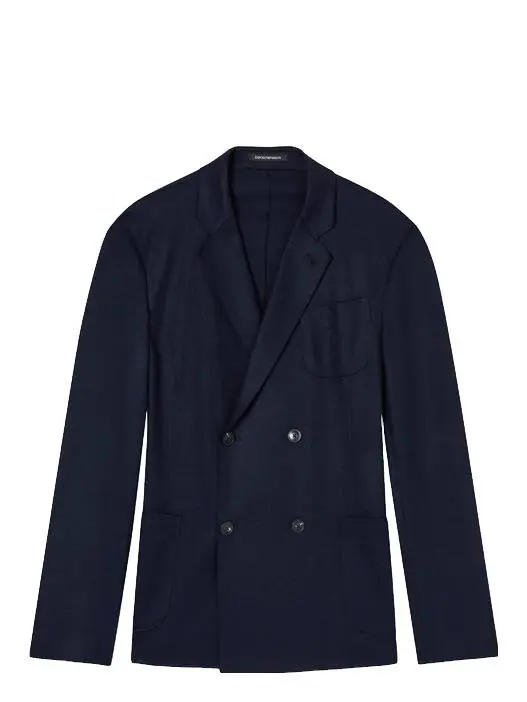 Emporio Armani Double-breasted Blazer In Ultra-lightweight Compact Wool Jersey - Blue