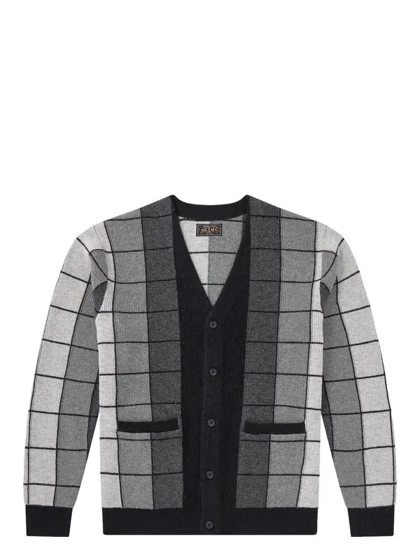 BEAMS Checked Wool Cardigan - Black