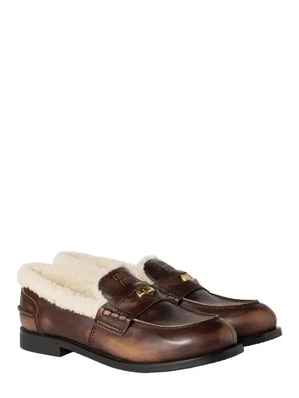 Miu Miu Bleached Leather And Shearling Penny Loafers - White