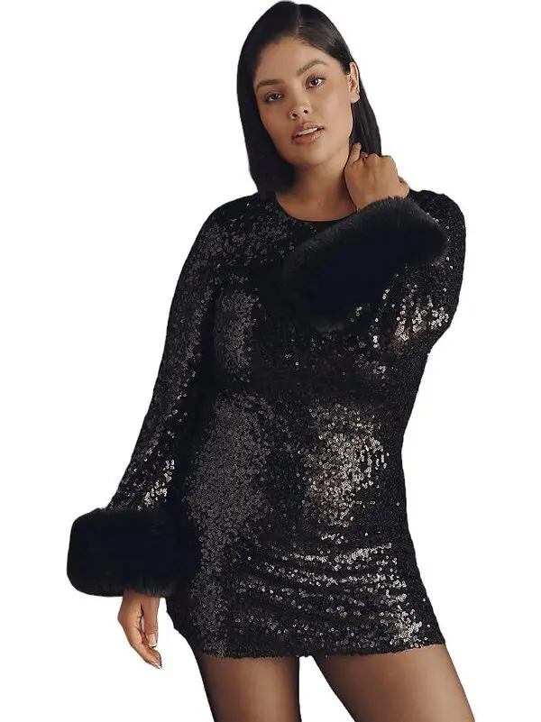 HUTCH Long-sleeve Faux Fur Trim Sequin Mini Dress - Black
