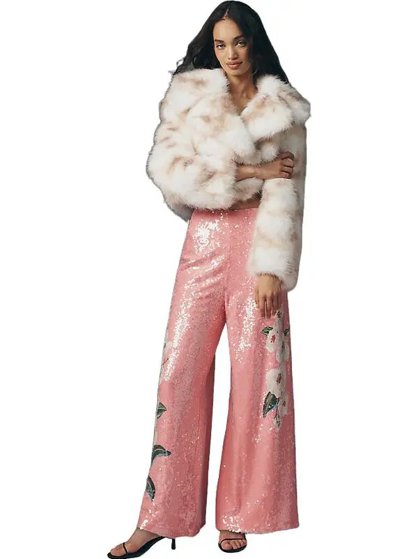 Farm Rio Sequin Wide-leg Pants - White Orchids