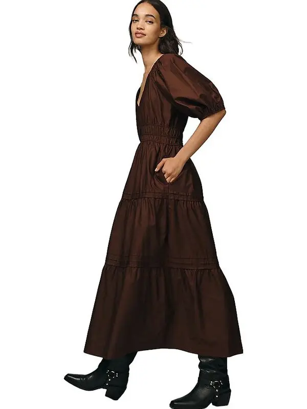 Maeve Smocked V-neck Tiered Midi Dress - Solid Brown