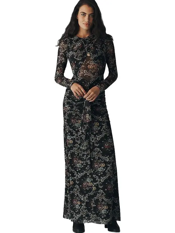 AFRM Daysa Long-sleeve Ruched Mesh Maxi Dress - Ornate Floral