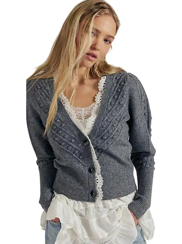 Free People Lace Softspun Long Sleeve Cardi - Flannel Grey Heather