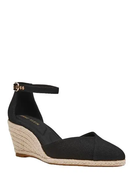 Anne Klein Ankle Strap Espadrille Wedge Sandal - Black Canvas