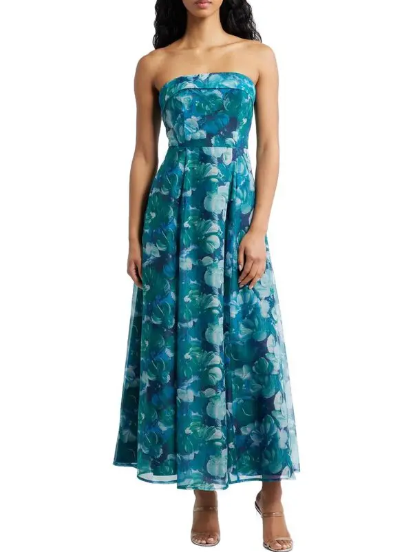 Lulus Strapless Floral Organza Midi Dress - Blue Multi