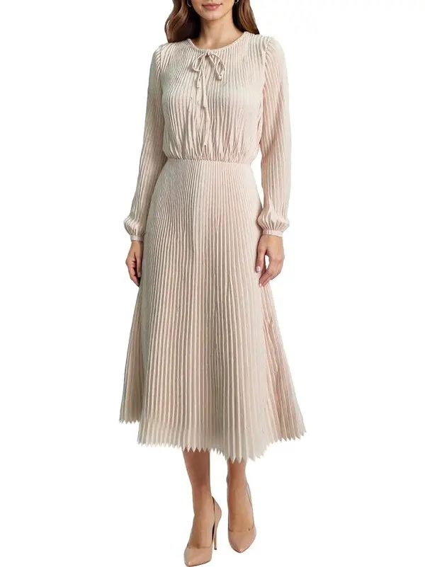 QUINCY MAE Long Sleeve Pleated Maxi Dress - Beige