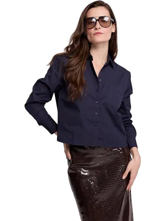 The Shirt By Rochelle Behrens Long Sleeve Boxy Crop Shirt - Navy
