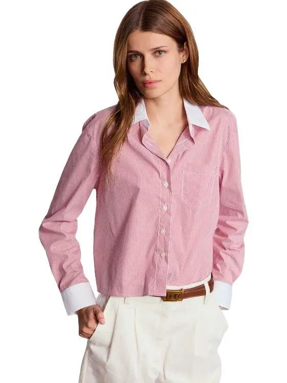 The Shirt By Rochelle Behrens Long Sleeve Boxy Crop Shirt - Thin Red/white Collar