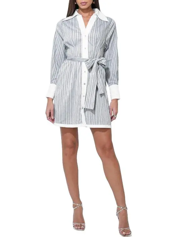 Adelyn Rae Sola Stripe Long Sleeve Mini Shirtdress - Grey