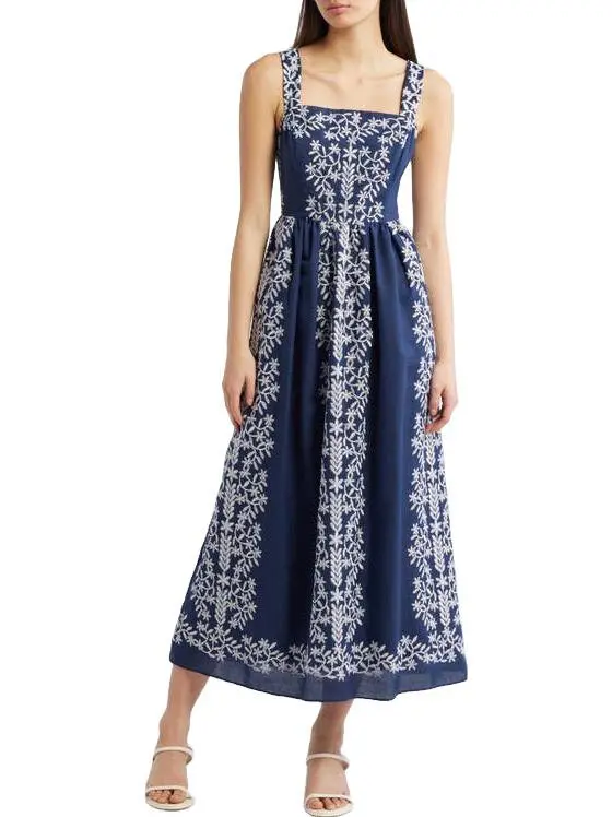 Julia Jordan Embroidered Square Neck Dress - Navy Ivory
