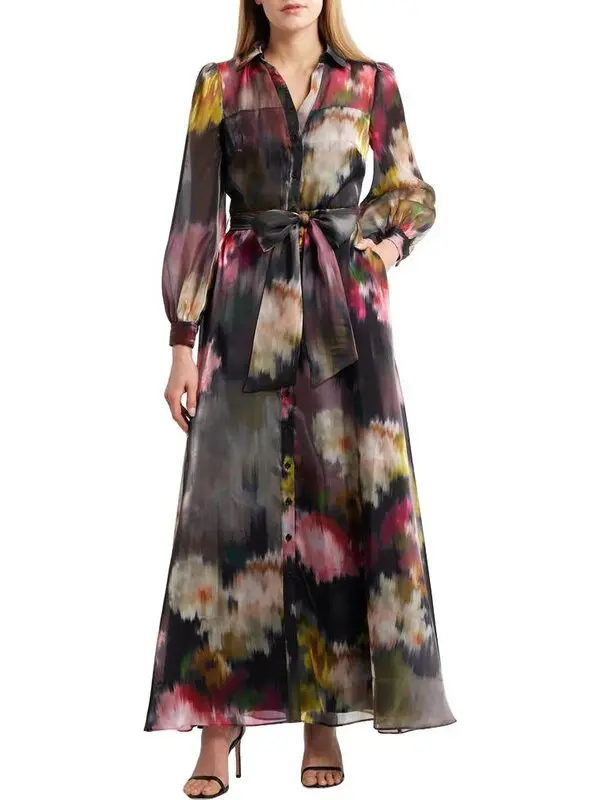 Julia Jordan Abstract Floral Long Sleeve Organza Gown - Black Multi