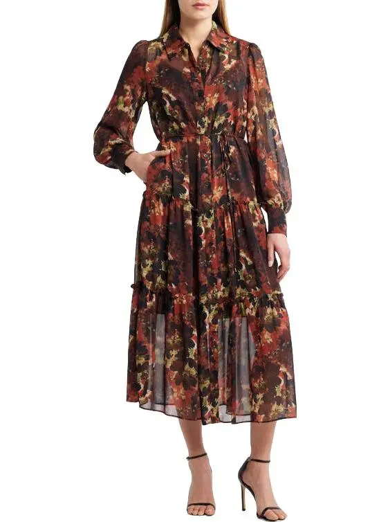 Julia Jordan Floral Long Sleeve Tiered Chiffon Shirtdress - Brown Multi