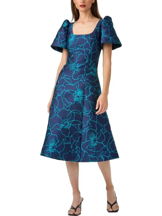 Trina Turk Valla Square Neck Jacquard Midi Dress - Tidewater Teal/ink