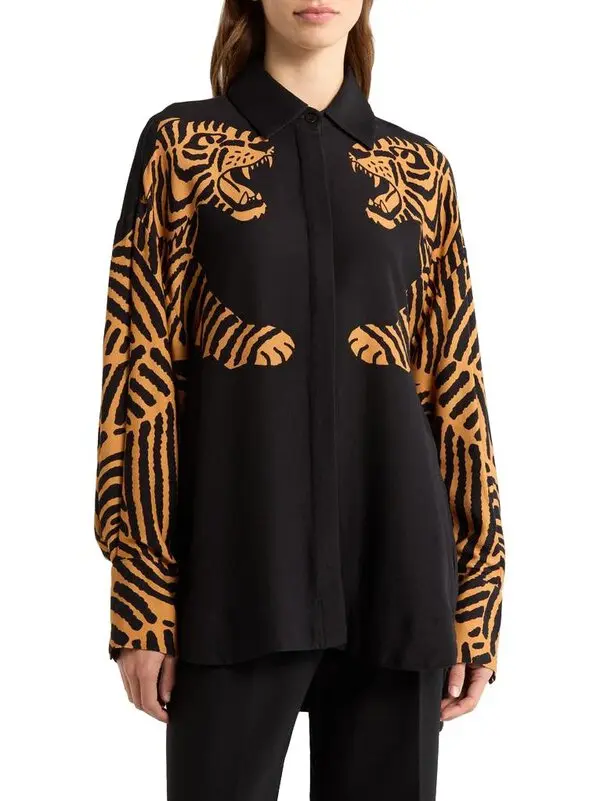 Farm Rio Tiger Print Button-up Shirt - Black
