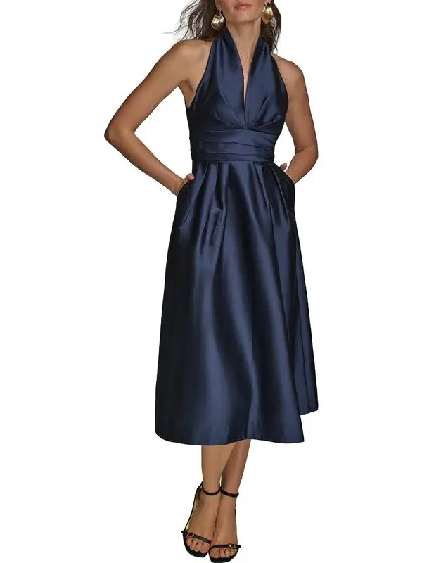 Donna Karan New York Plunge Neck Taffeta Midi Dress - Taffeta Blue