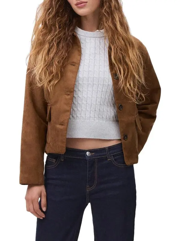 Mango Faux Suede Crop Jacket - Tobacco Brown