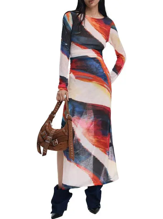 Desigual Long Sleeve Abstract Print Dress - Orange Red