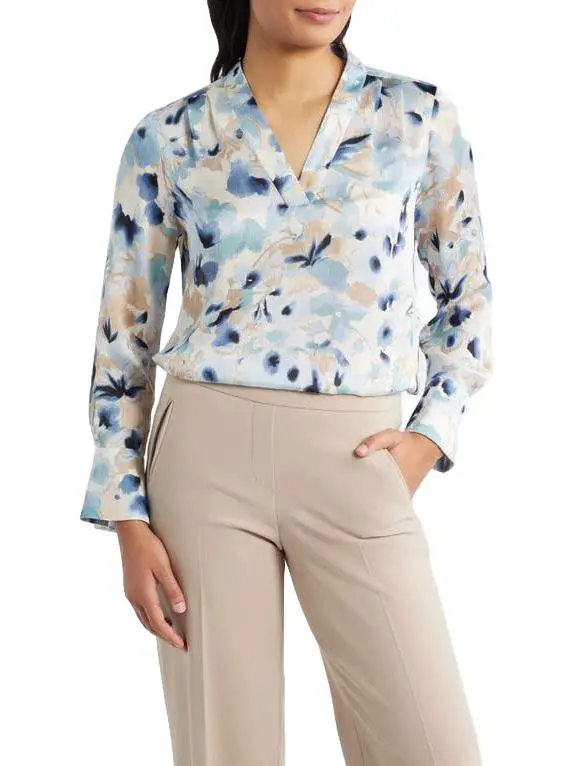 Anne Klein Floral V-neck Top - White Dove Multi