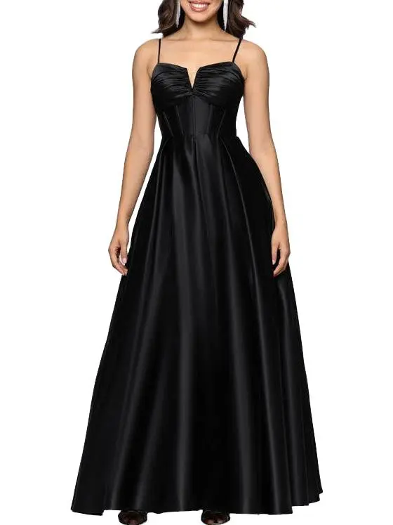 BLONDIE NITES Notch Neck Satin Ballgown - Black