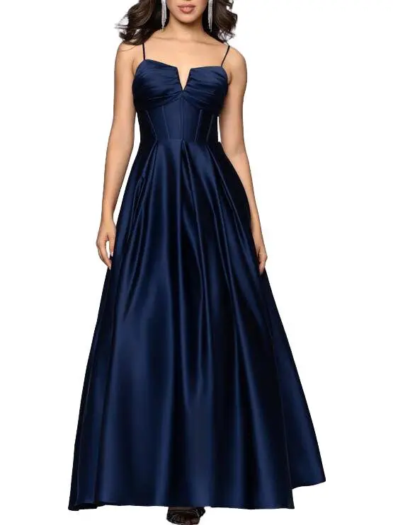 BLONDIE NITES Notch Neck Satin Ballgown - Navy