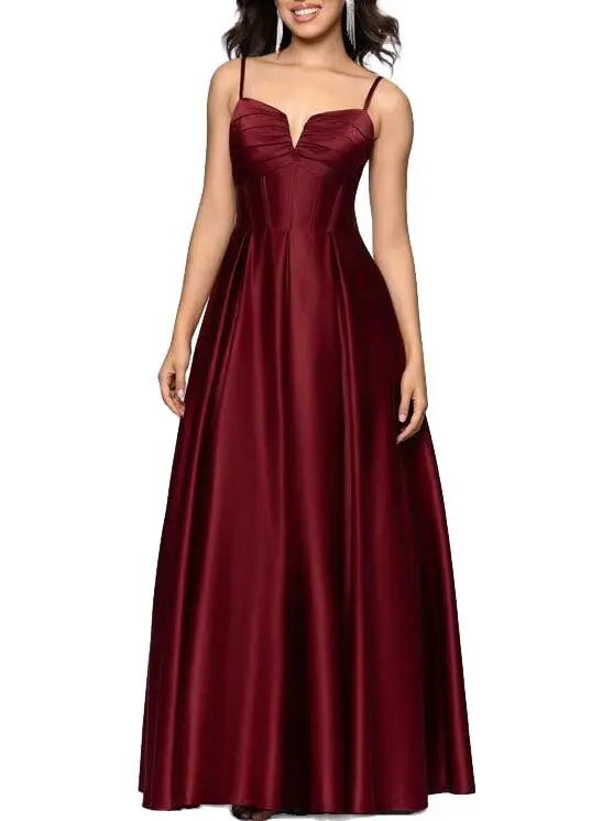 BLONDIE NITES Notch Neck Satin Ballgown - Wine